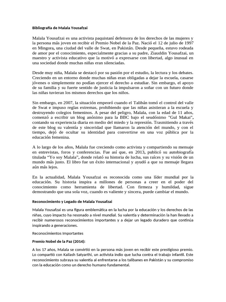 Bibliografía de Malala Yousafzai | PDF | Malala Yousafzai