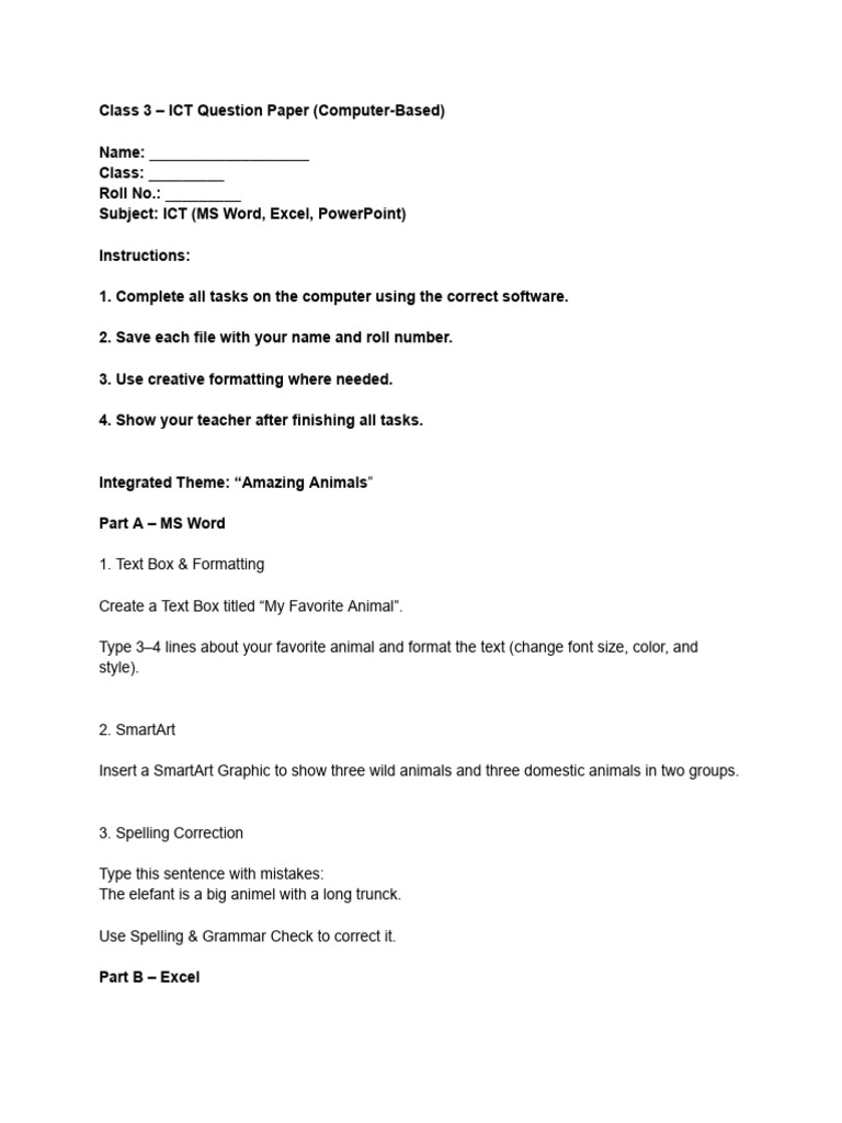 Grade 3 ICT Question Paper: Animals | PDF