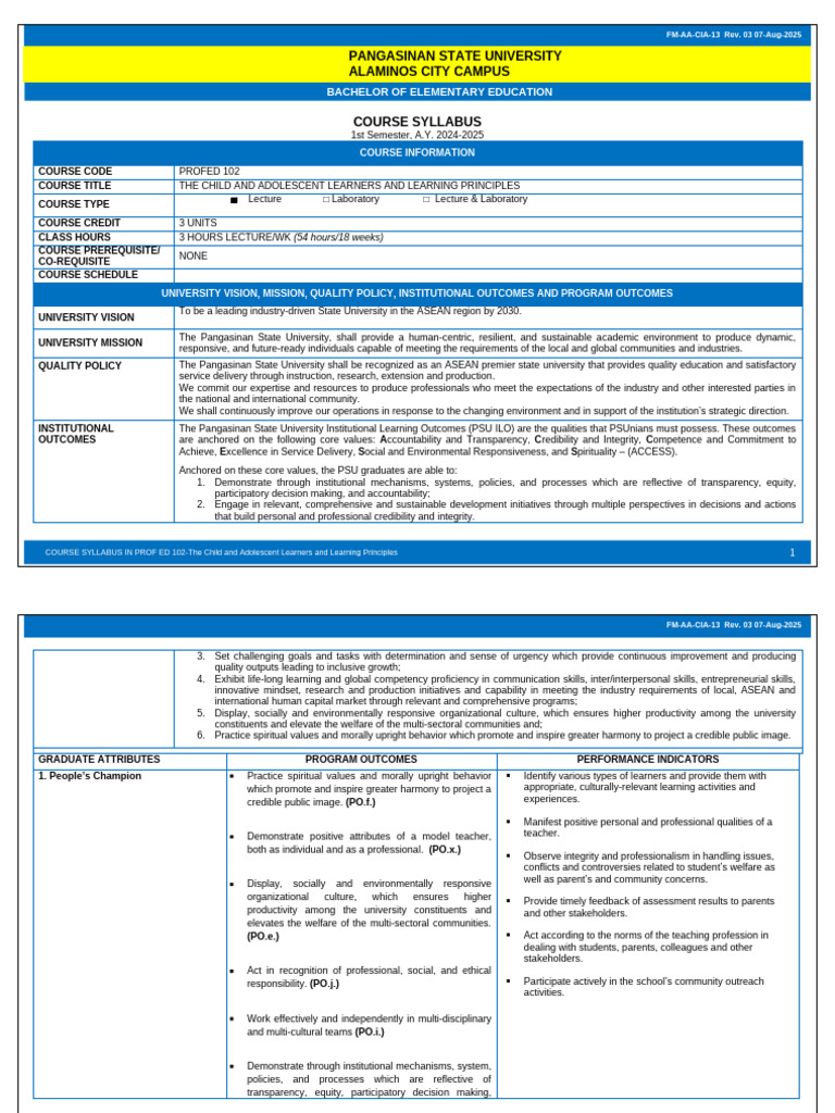 2022 Revised Syllabus in Prof Ed 102 The Child and Adolescent Learners ...