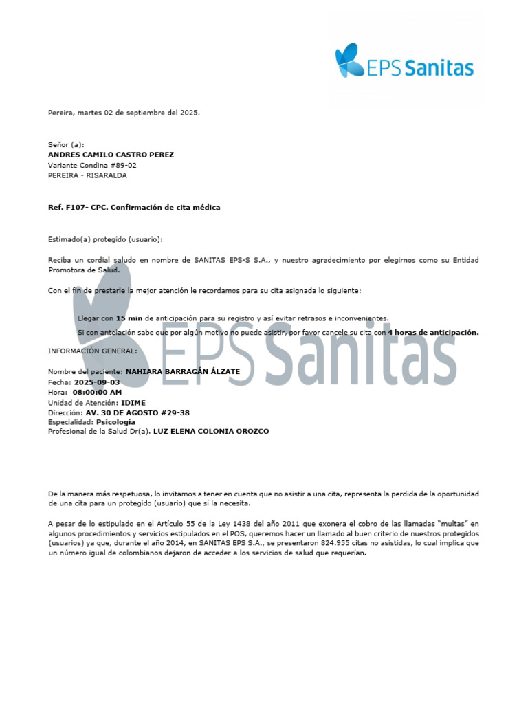 Confirmación de cita médica Sanitas EPS | PDF