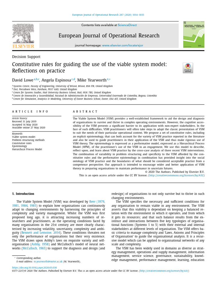 Constitutive Rules For Guiding The Use of The Viable System Model ...