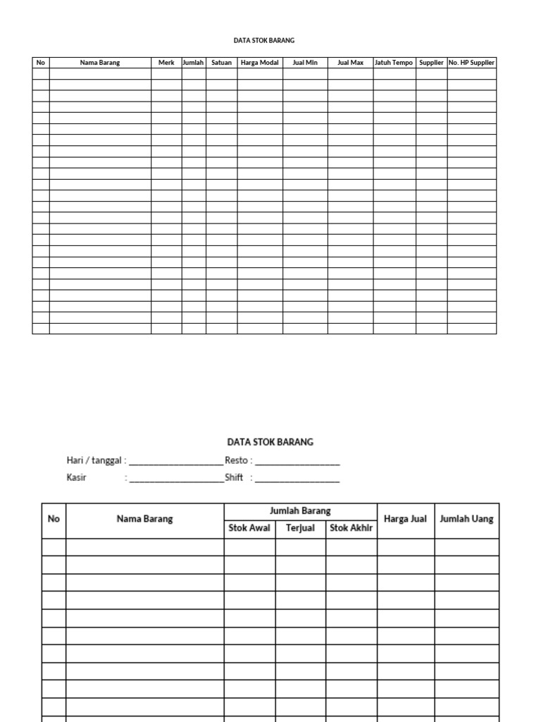 Laporan Data Stok Barang Resto | PDF