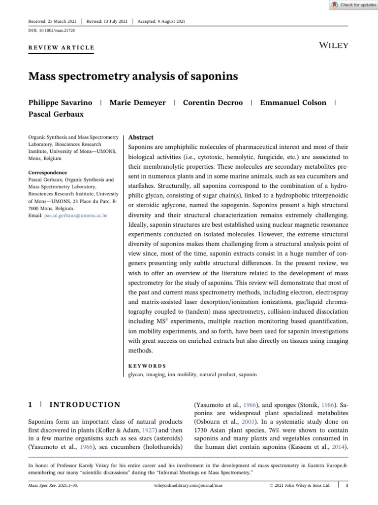 Mass Spectrometry of Saponins Review | PDF | Mass Spectrometry | Hydrolysis