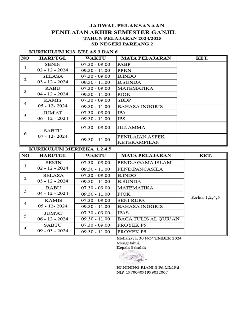Jadwal Pat Ganjil 2024 - 2025 | PDF