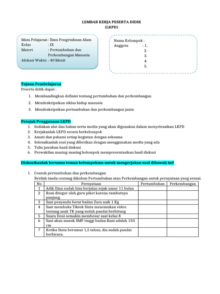 LKPD Pertumbuhan Dan Perkembangan | PDF