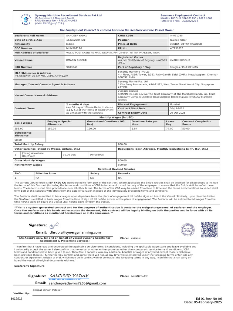 Seaman's Employment Contract - Signed | PDF | Sailor | Overtime