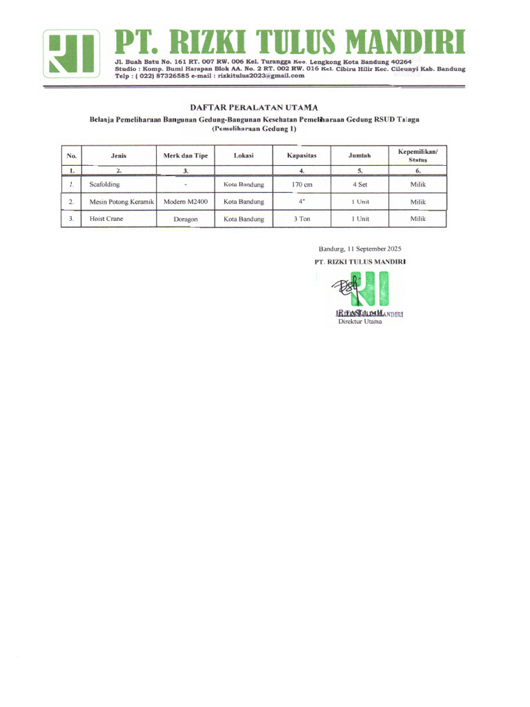 Daftar Peralatan Utama | PDF