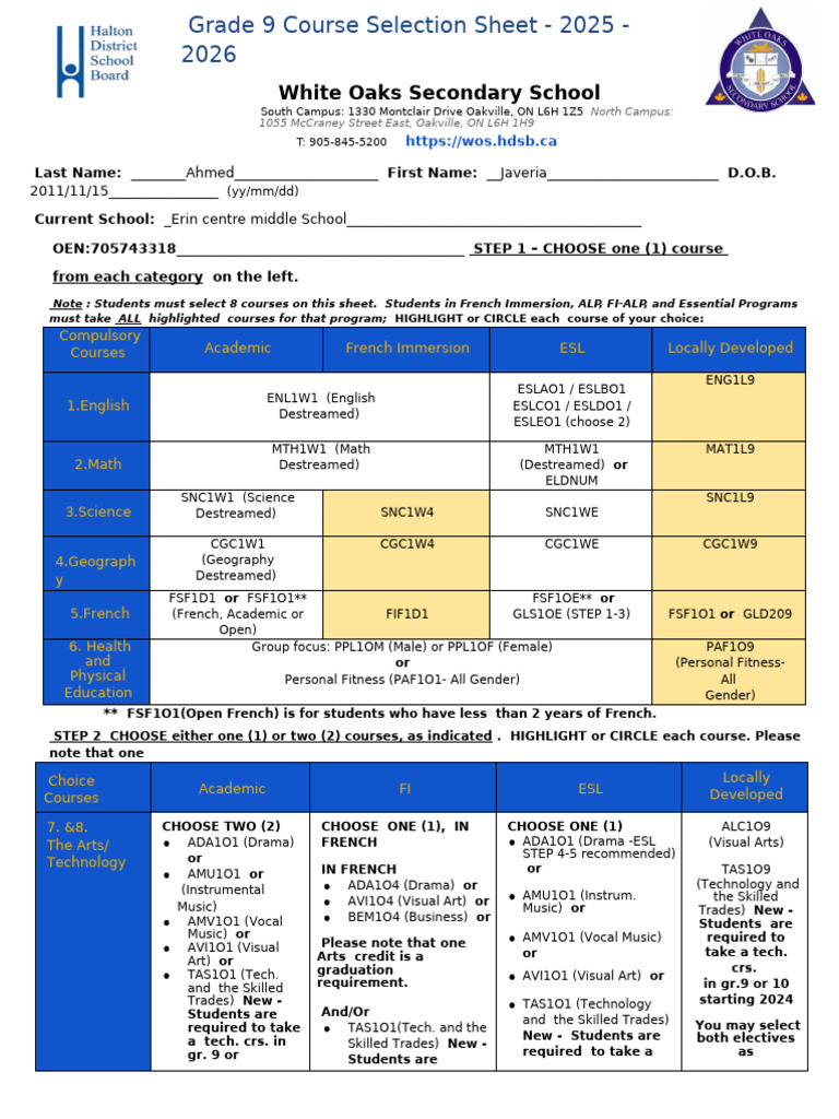 Grade 9 Course Selection 2025-2026 | PDF
