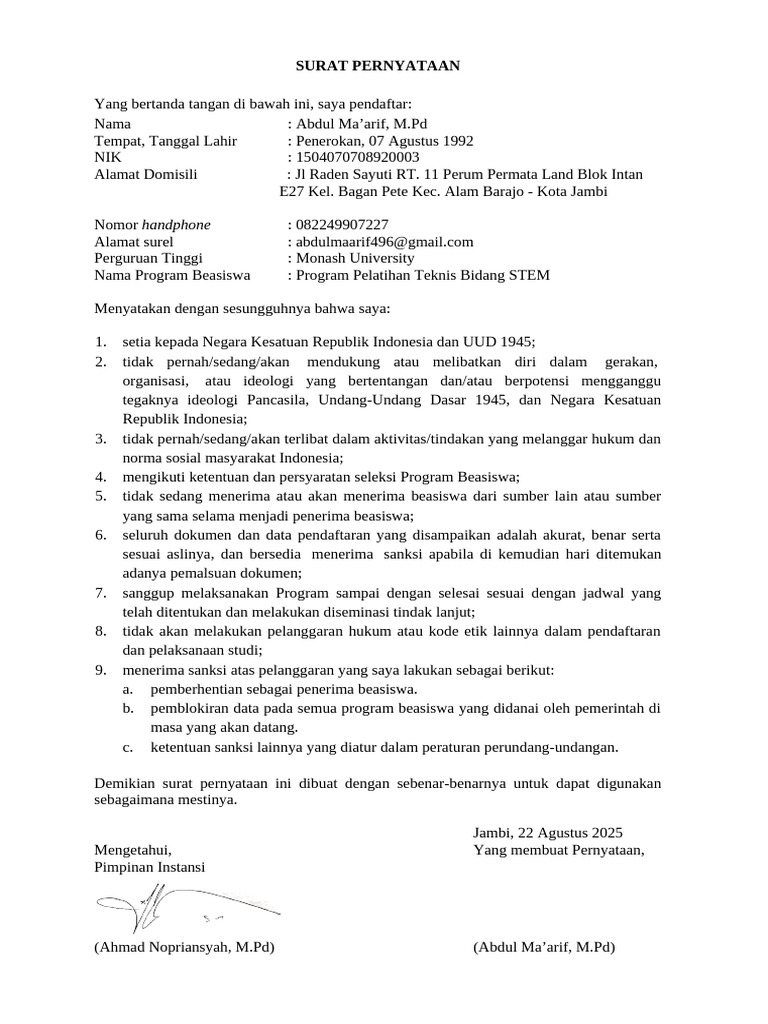 Surat Pernyataan Beasiswa STEM Jambi | PDF