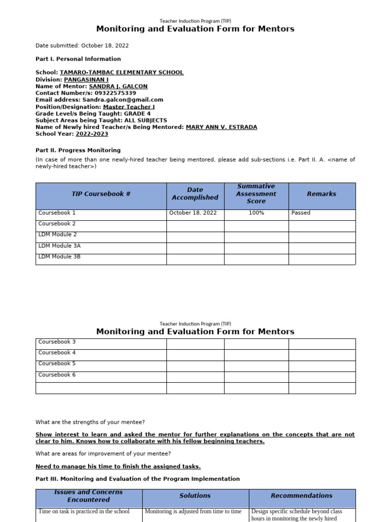 TIP Monitoring Form for Mentors 2022 | PDF | Mentorship | Teachers