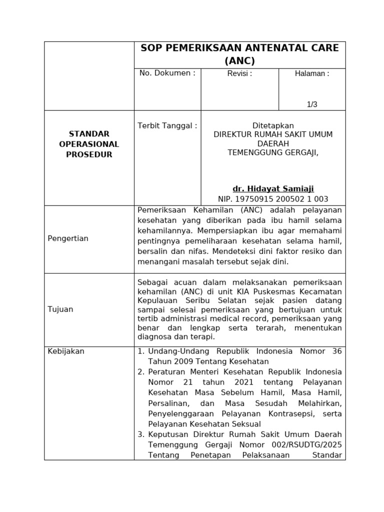 SOP Pemeriksaan Antenatal Care (ANC) | PDF