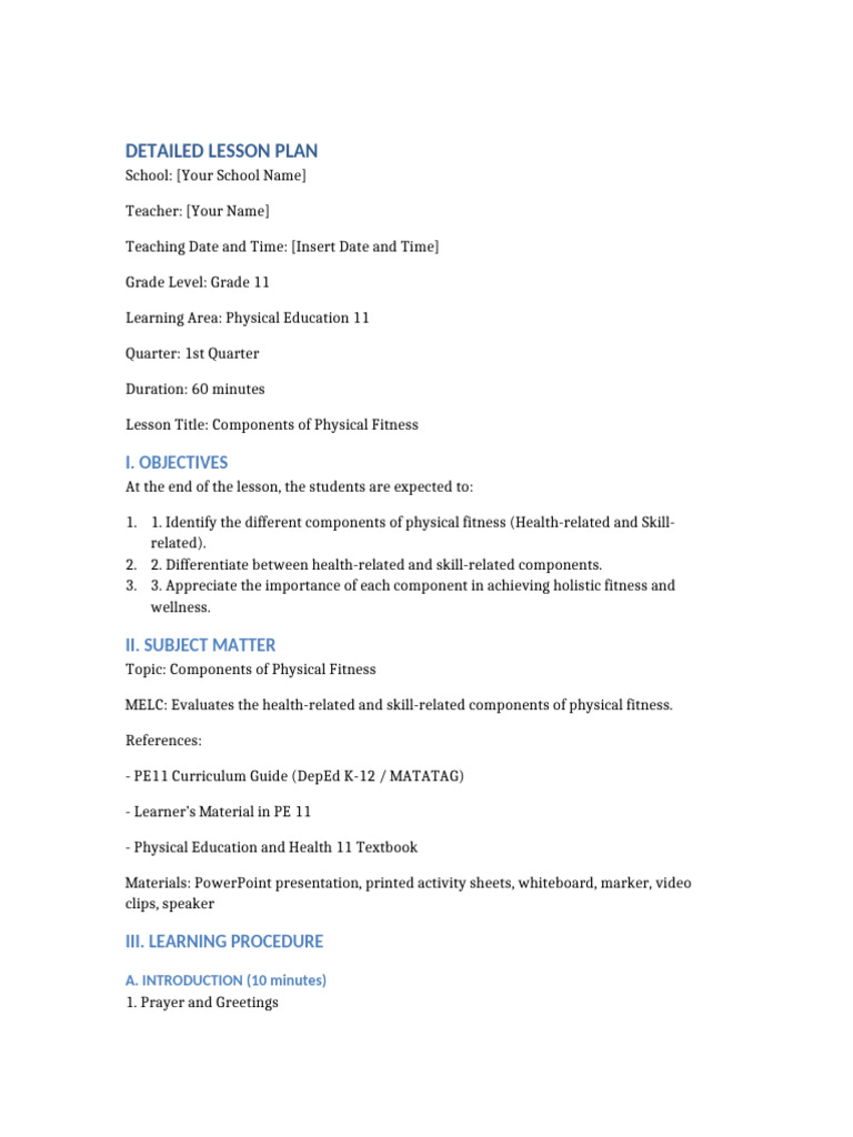 PE11 Detailed Lesson Plan Components of Physical Fitness | PDF ...