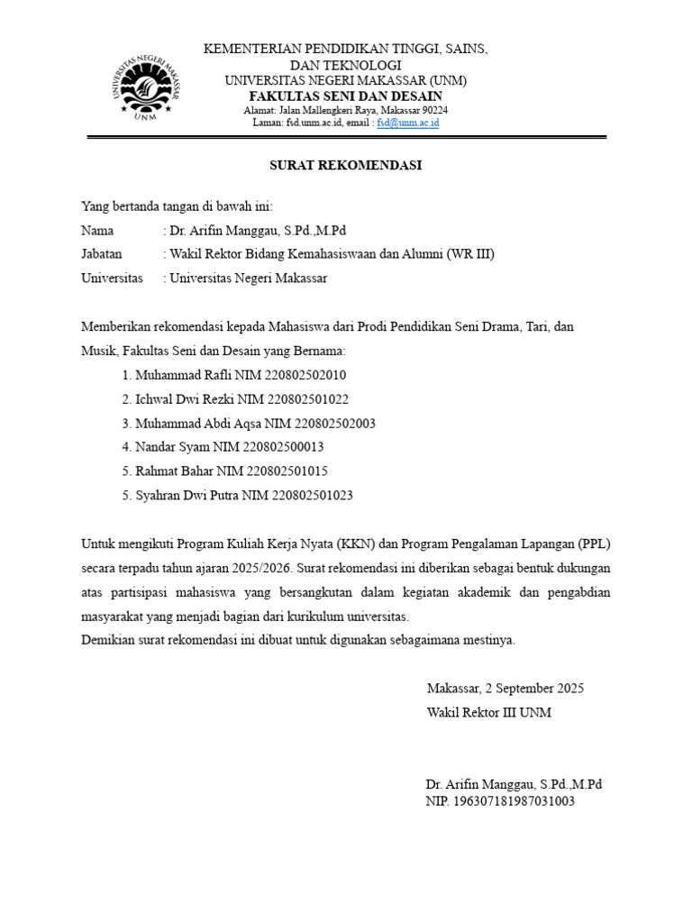 Rekomendasi KKN Mahasiswa FSD UNM 2025 | PDF