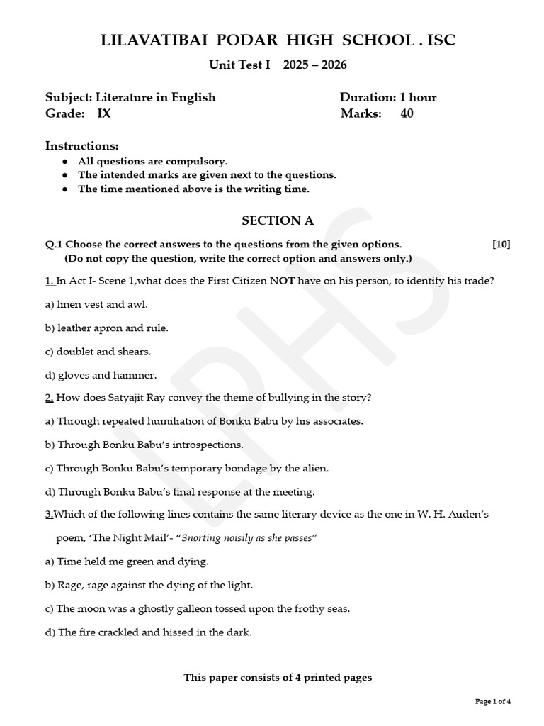 Literature Unit Test IX 2025-2026 | PDF