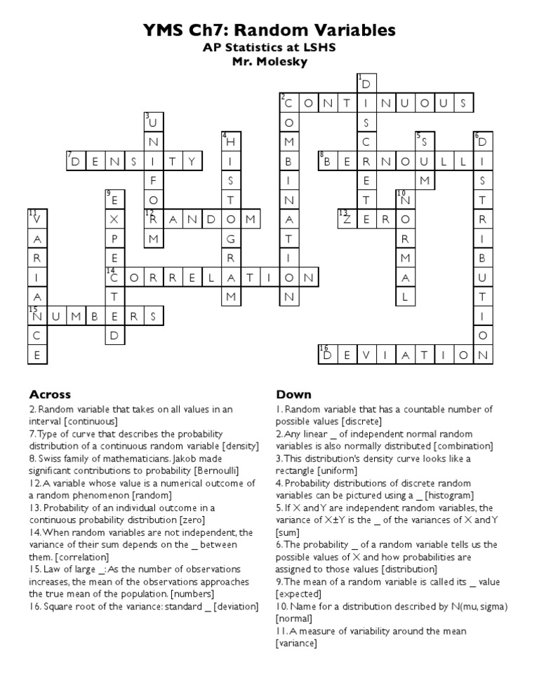 YMS Ch7: Random Variables AP Statistics at LSHS Mr. Molesky | PDF ...