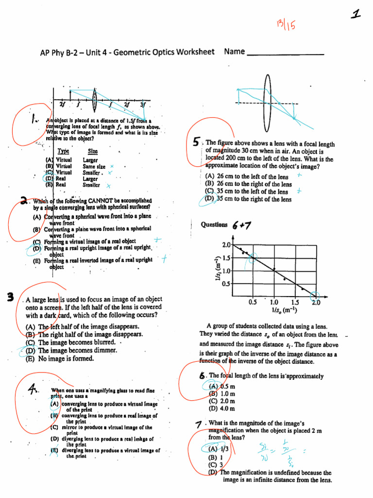 Geometric Optics Worksheet With Scored MCQ | PDF