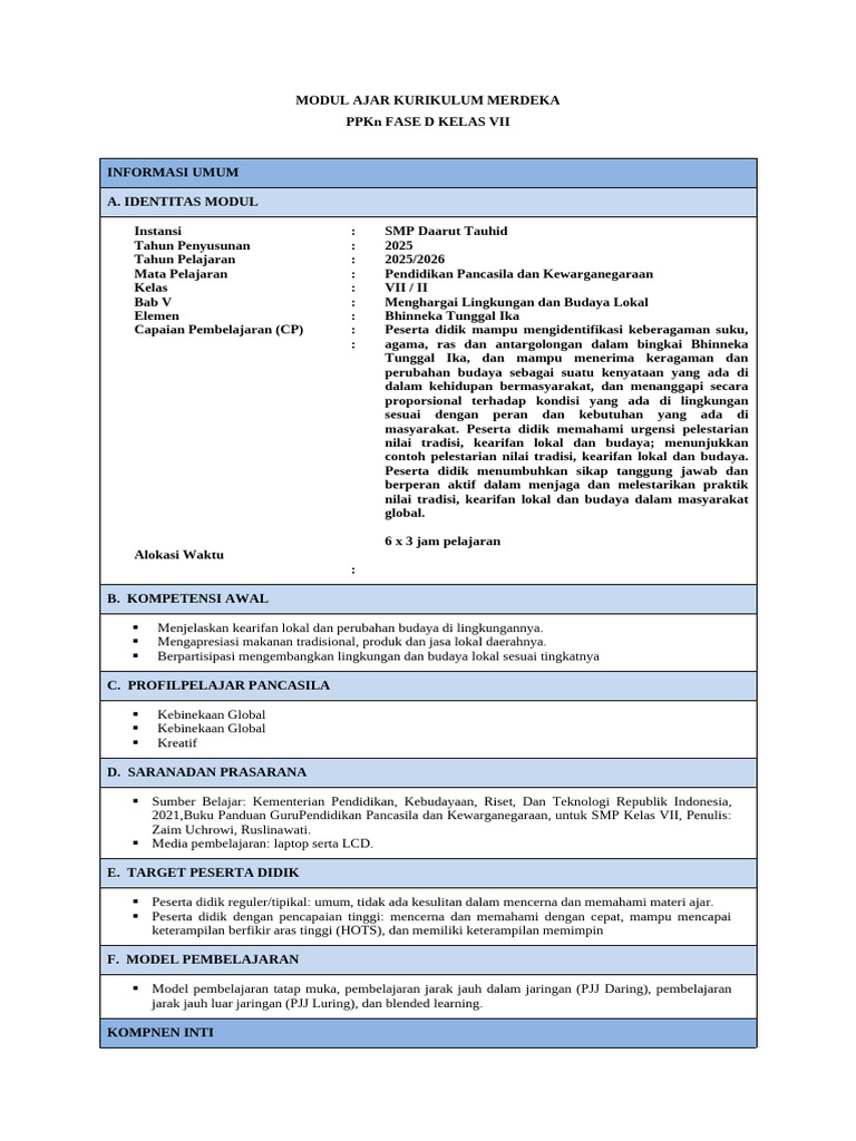 Modul Ajar PPKn Kelas VII: Budaya Lokal | PDF