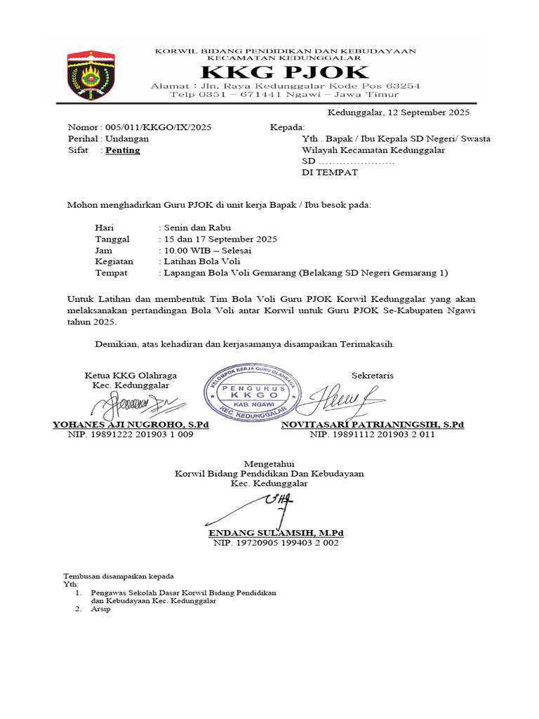 Surat Undangan Latihan Bola Voli Guru Pjok Korwil Kedunggalar 2025-1 | PDF