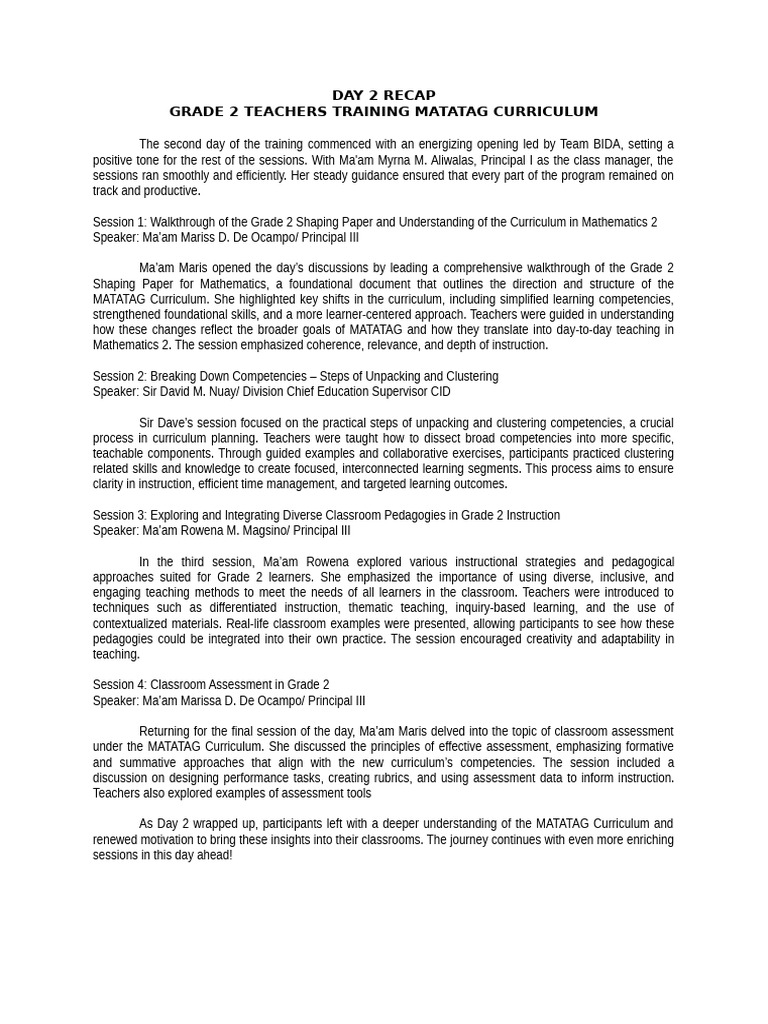 Grade 2 MATATAG Curriculum Training Recap | PDF | Educational ...