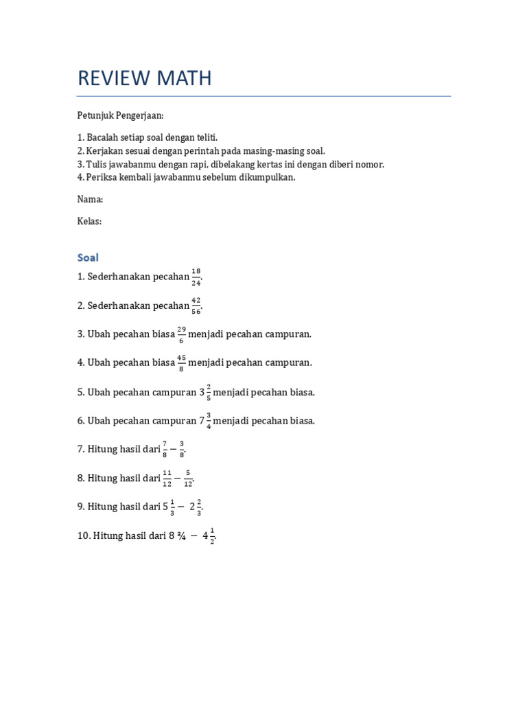 Latihan Soal Pecahan Format Math | PDF
