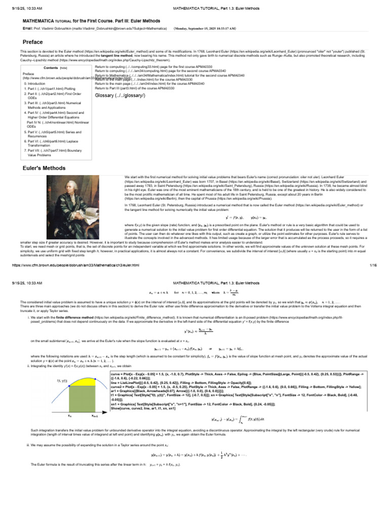 Mathematica Tutorial, Part 1.3 - Euler Methods | PDF | Finite Difference | Differential Calculus