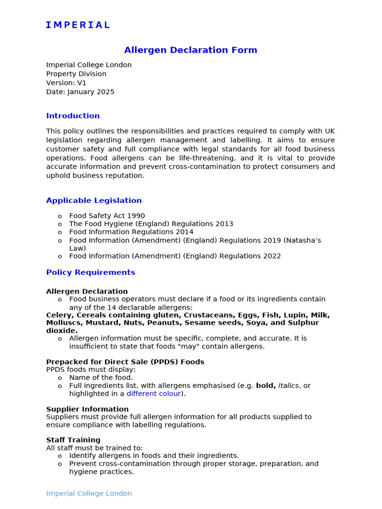 Allergen Declaration Form 2025 | PDF | Foods | Allergen