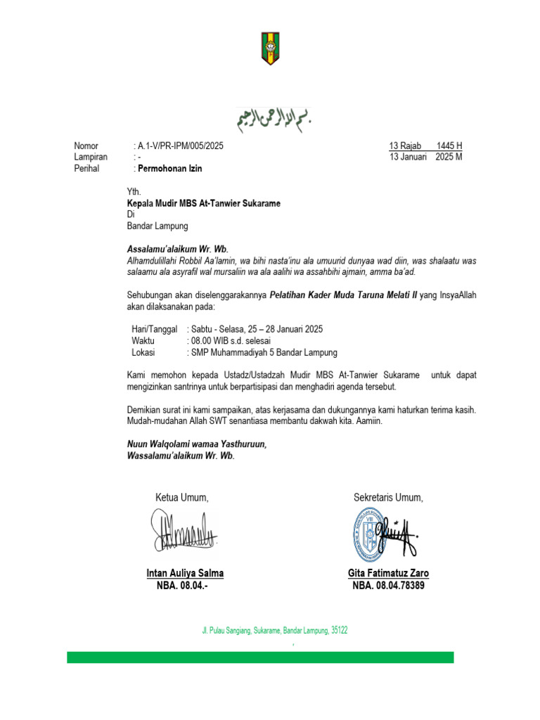 Permohonan Izin Pelatihan Kader IPM | PDF