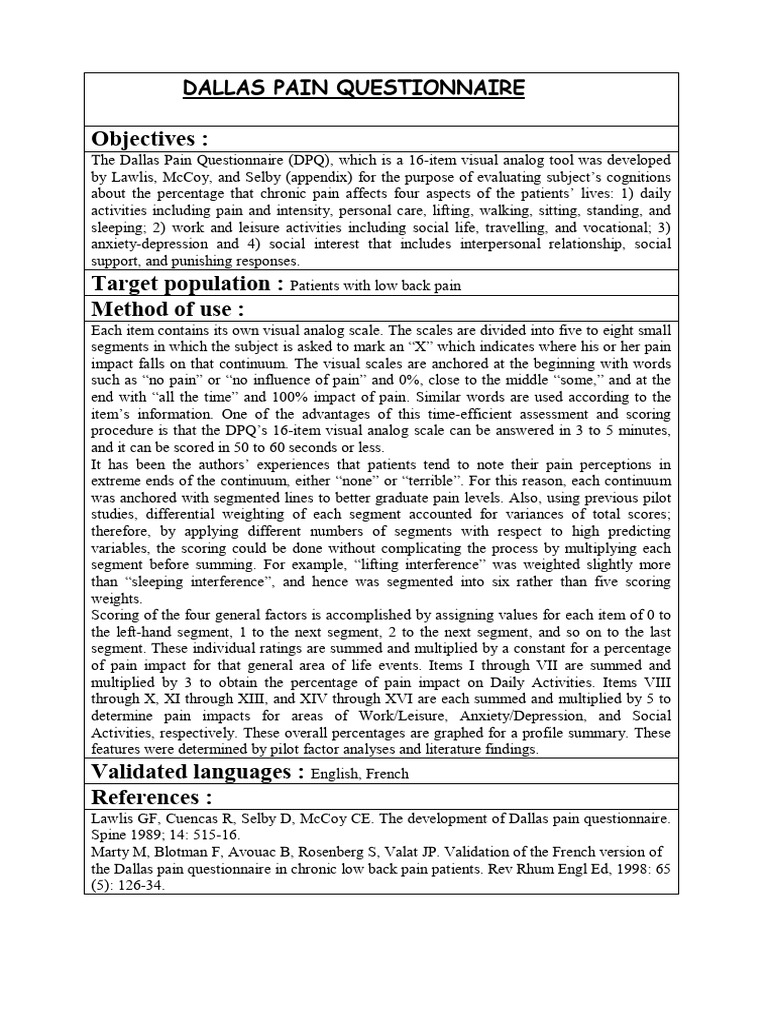 Dallas Pain Questionnaire Overview | PDF | Pain | Emotions