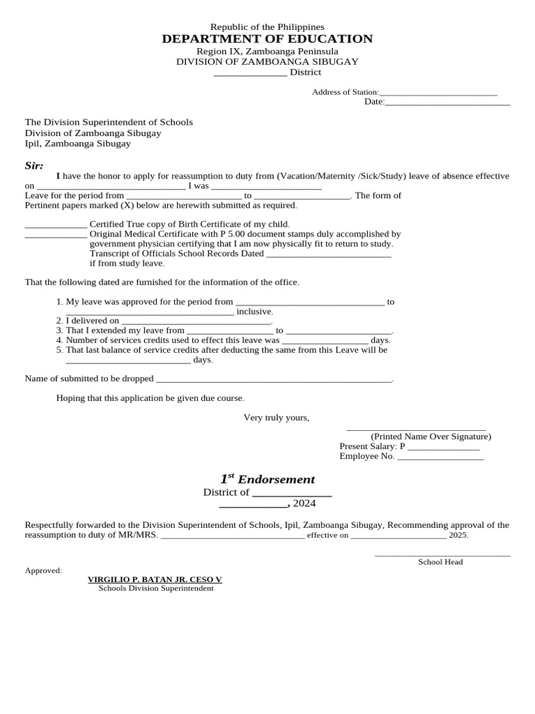 Resumption To Duty Form From Leave of Absence | PDF