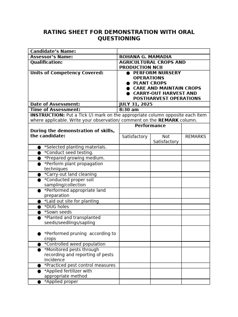 Agricultural Skills Assessment Rating Sheet | PDF | Plant Nursery ...