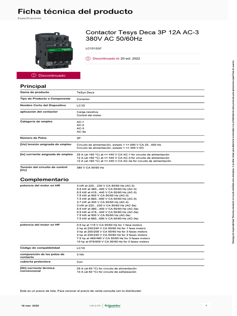 Schneider Electric TeSys-Deca-contactors LC1D12Q7 | PDF | Ingenieria ...