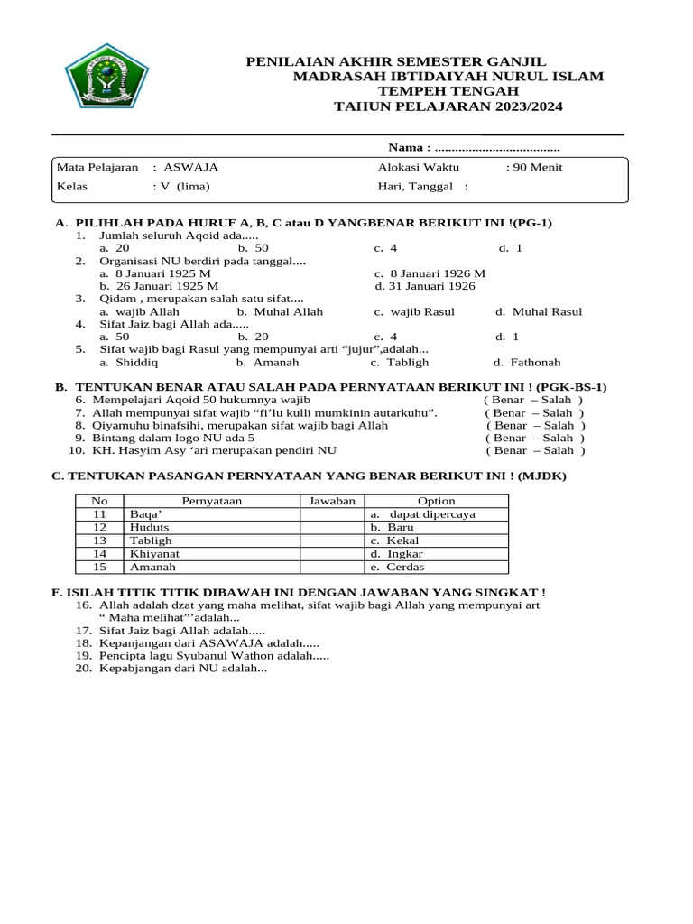 Naskah Soal Mapel ASWAJA 5 | PDF