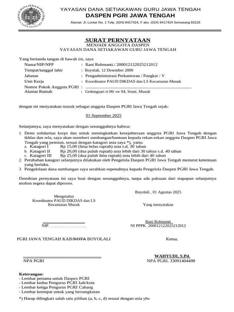 Surat Pernyataan Menjadi Anggota Daspen Rani | PDF