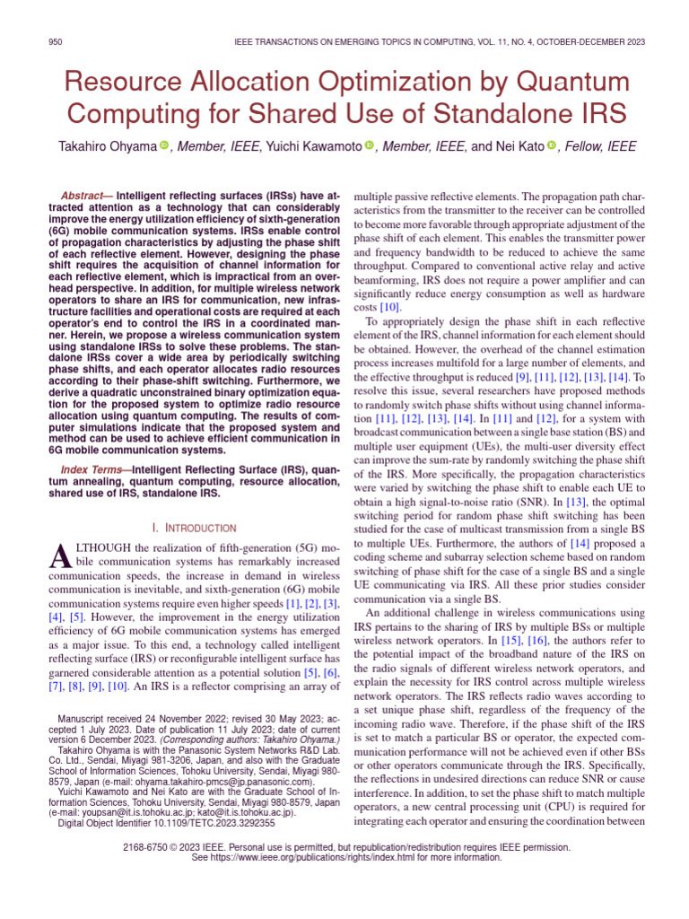 Resource Allocation Optimization by Quantum Computing For Shared Use of Standalone IRS | PDF ...