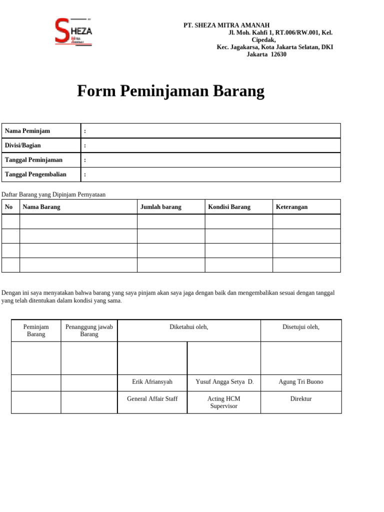 Form Peminjaman Barang | PDF