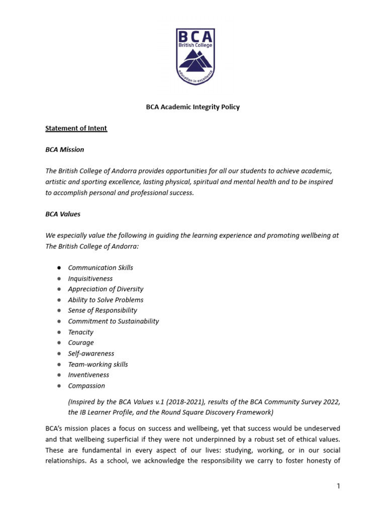 BCA Academic Integrity Policy Overview | PDF | Plagiarism | Academic ...