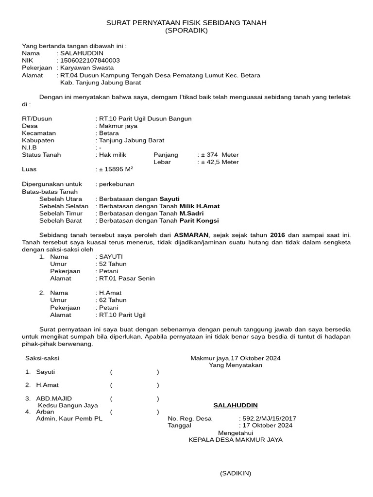 Surat Pernyataan Kepemilikan Tanah | PDF