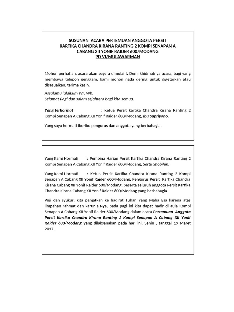 Susunan Acara Pertemuan Persit 600 | PDF