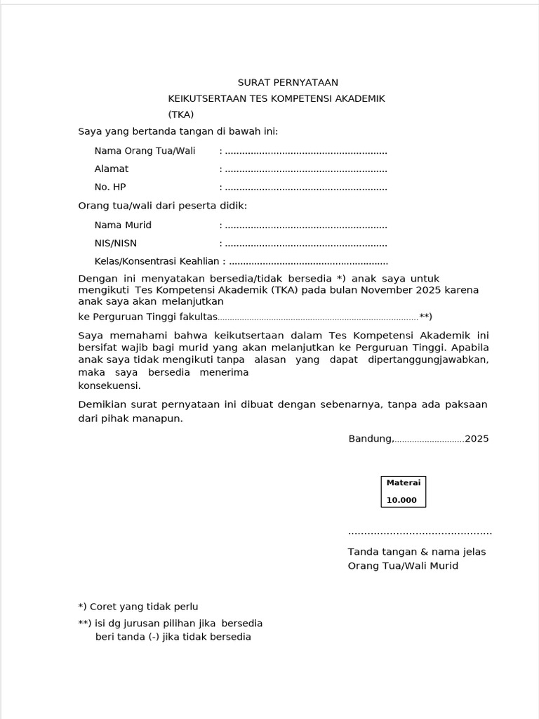 Surat Pernyataan Keikutsertaan TKA | PDF