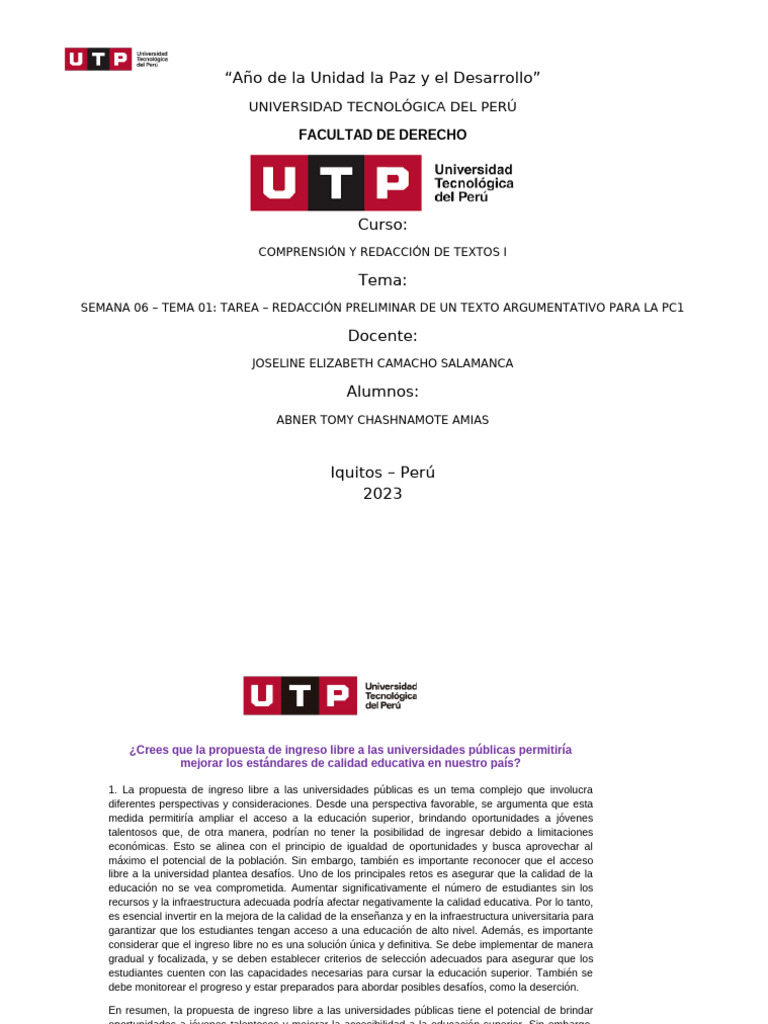 Semana 06 - Tarea - Redacción Preliminar de Un Texto Argumentativo para La PC1 | PDF | Acceso ...