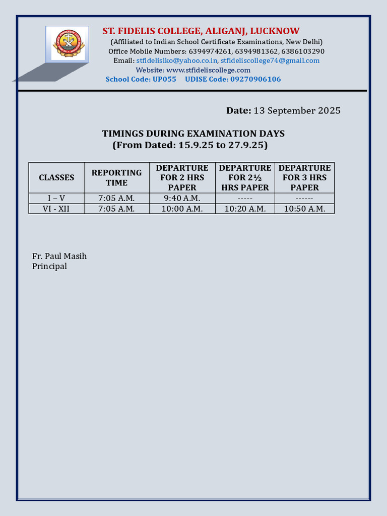 St. Fidelis College Exam Timings 2025 | PDF