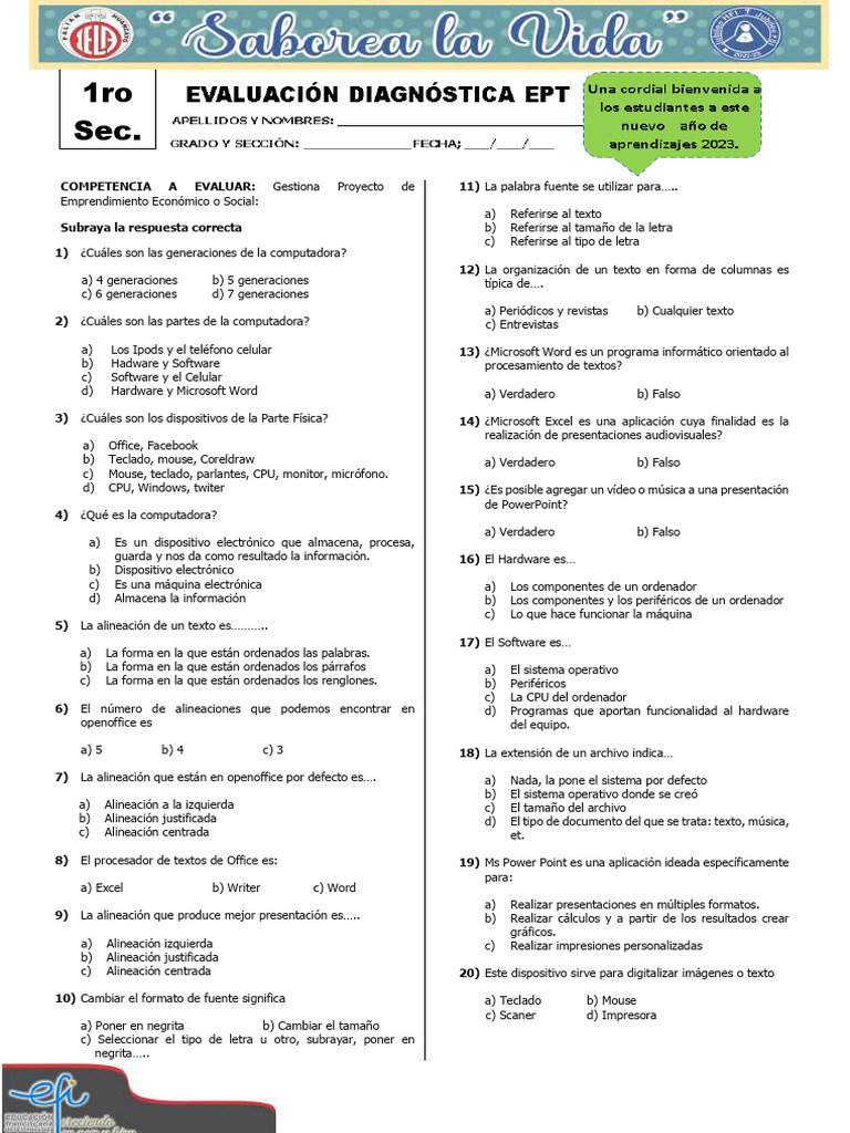 EVALUACIÓN DIAGNÓSTICA EPT (1ro Sec.) | PDF | Hardware de la computadora | Periférico