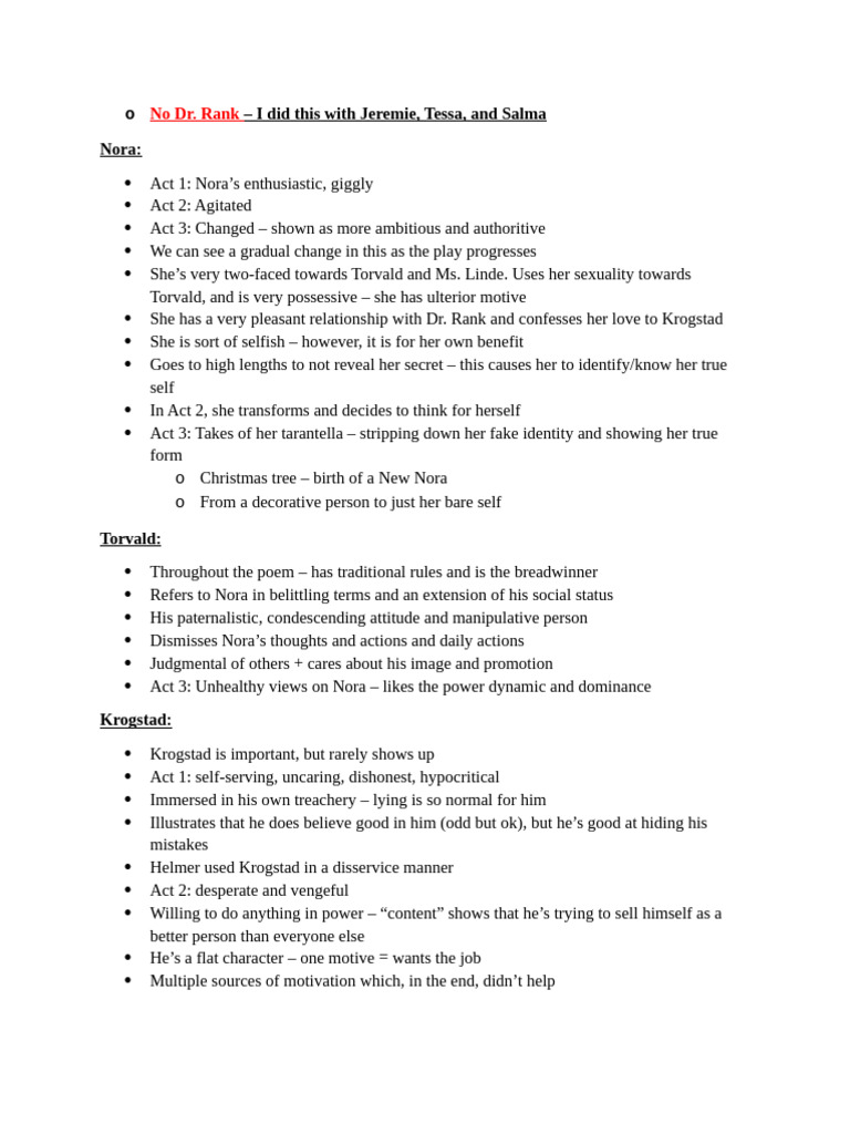 Character Analysis in A Doll's House | PDF | Behavioural Sciences ...
