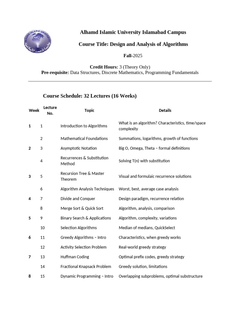 Design & Analysis of Algorithm Course Breakdown | PDF | Algorithms | Recurrence Relation