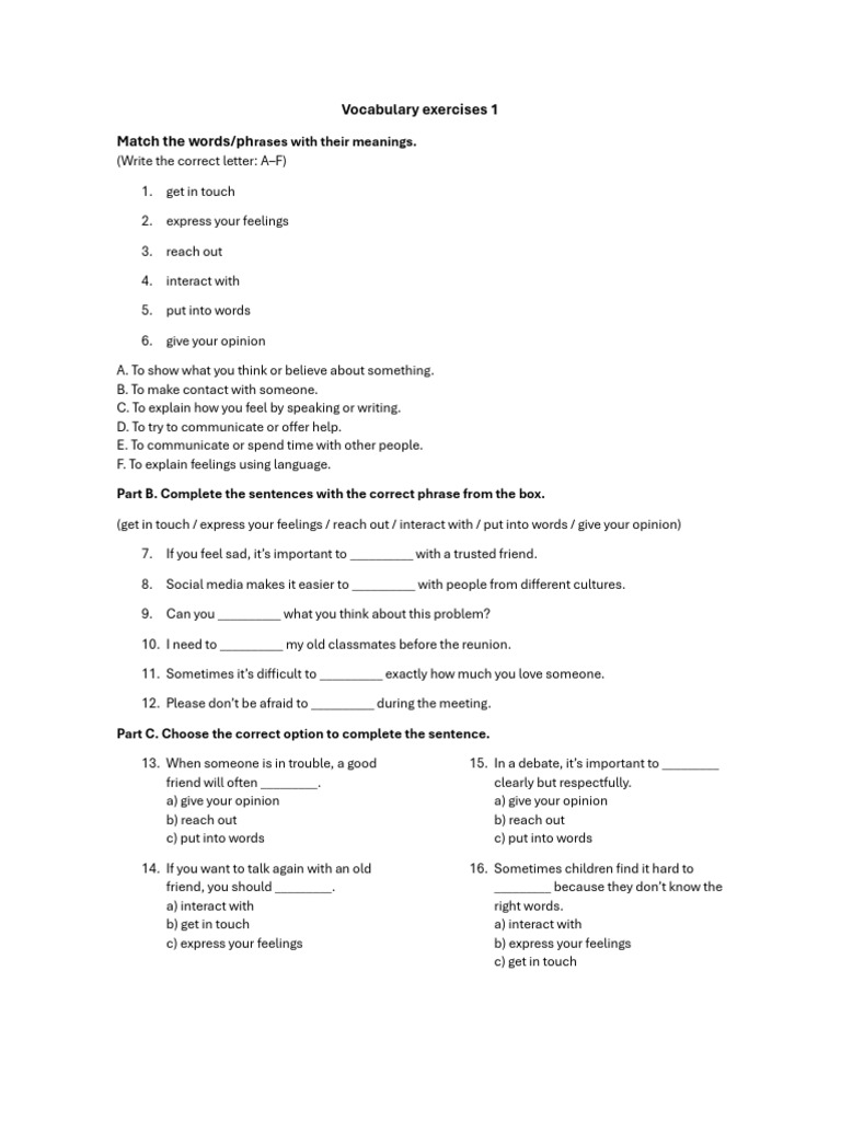 Vocabulary Exercises for Communication Skills | PDF