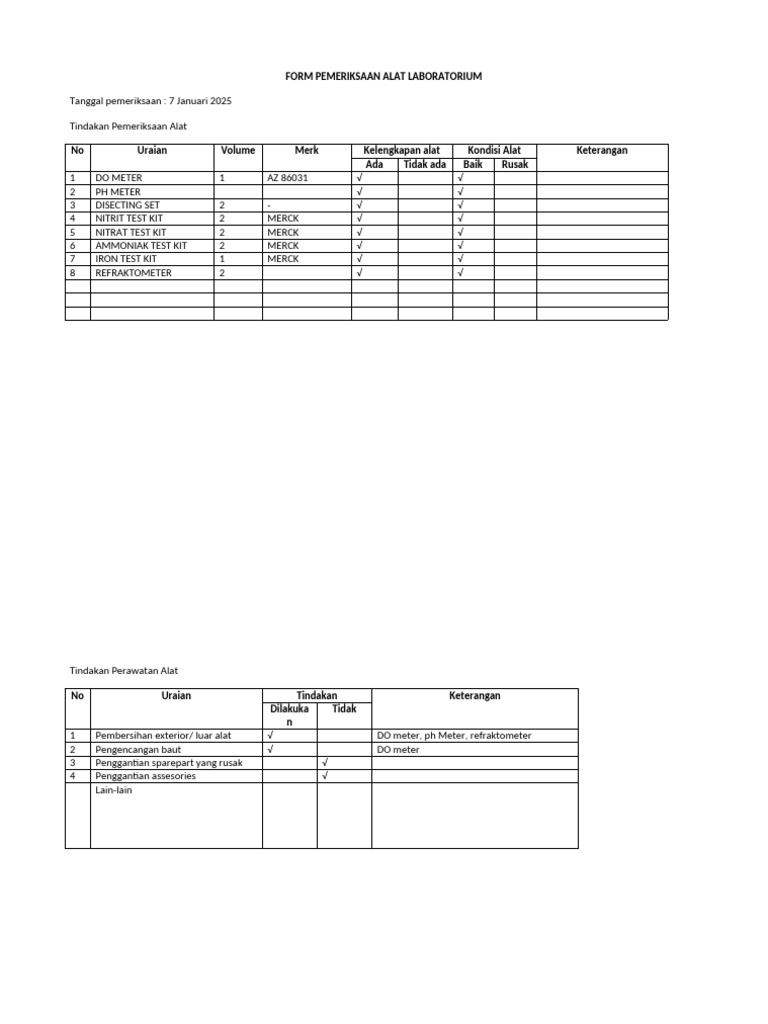 Pemeriksaan dan Perawatan Alat Laboratorium | PDF