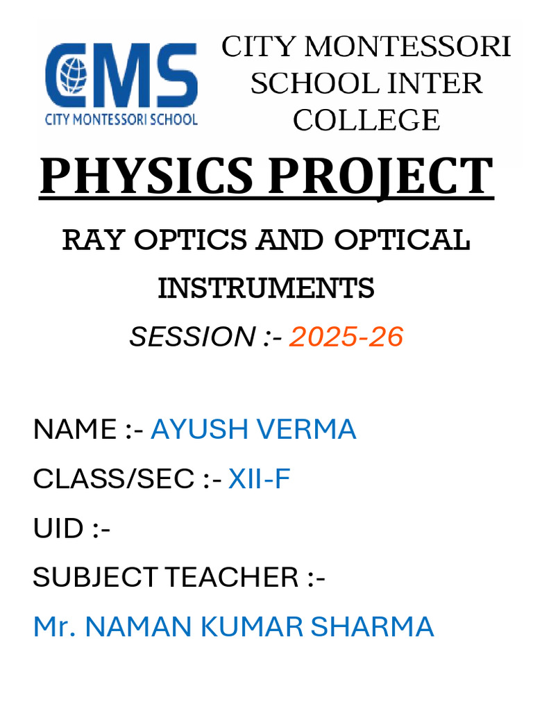 Ray Optics Class 12 Physics Project | PDF | Optics | Refraction