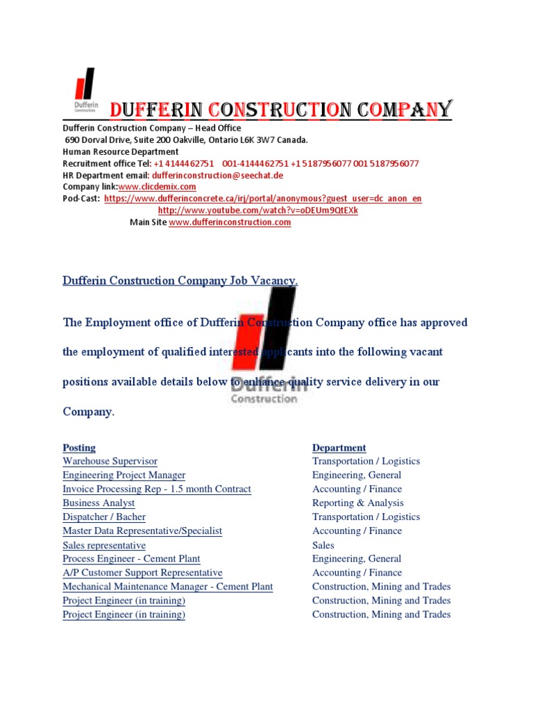 Dufferin Construction Company Job Offer | PDF | Engineer | Employment