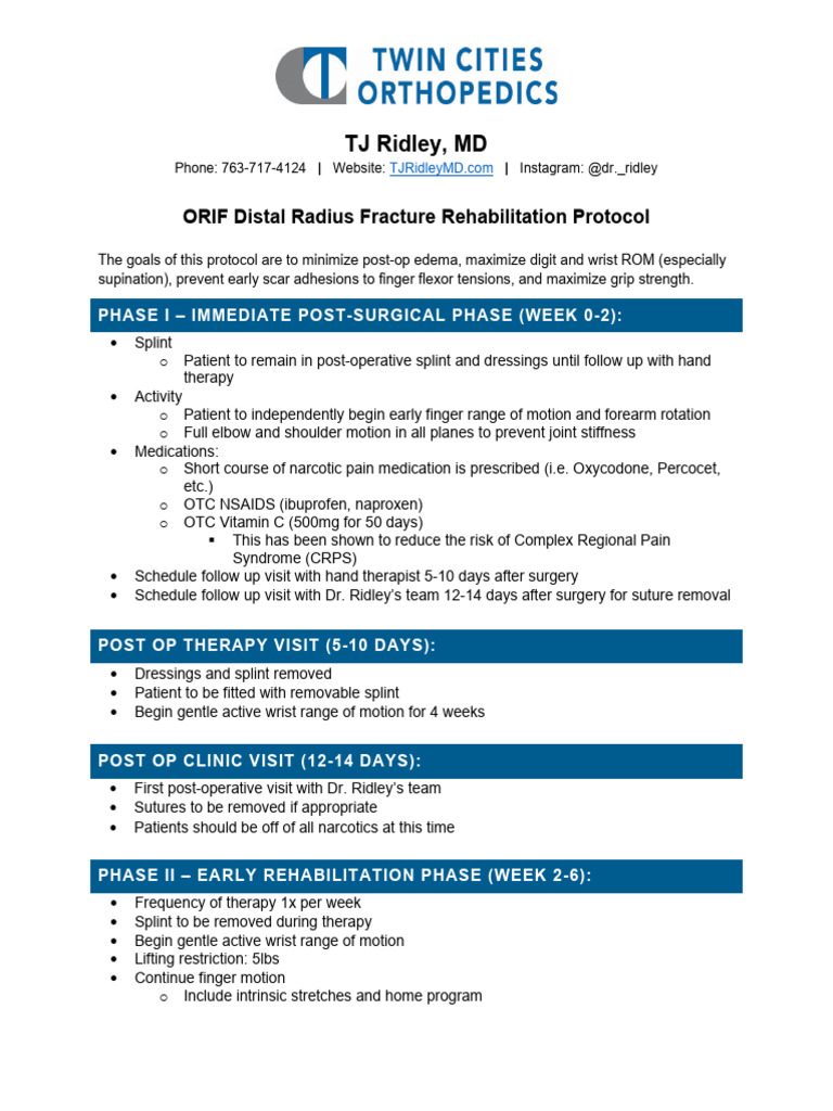 Ridley Distal Radius Fracture ORIF Rehab Protocol 11 2023 | PDF | Elbow | Hand