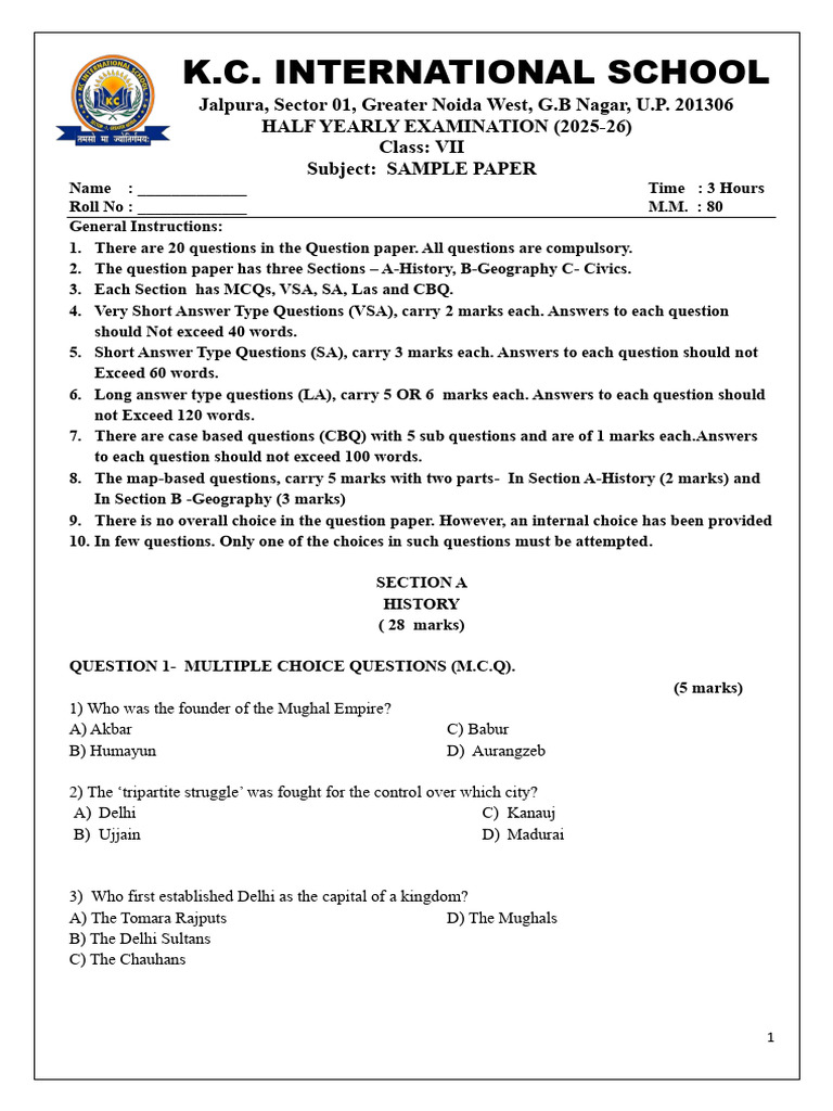 Class VII Half Yearly Exam Sample Paper | PDF | Rock (Geology) | Mughal ...